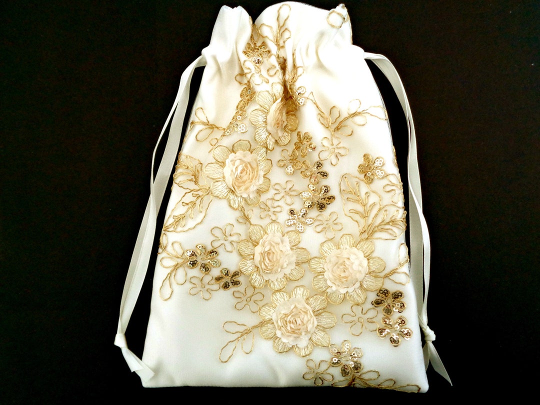 Gold Drawstring Bag, Ivory Drawstring Bag, Money Bag, Money Dance Bag, Bridesmaid Gift, Bride ...