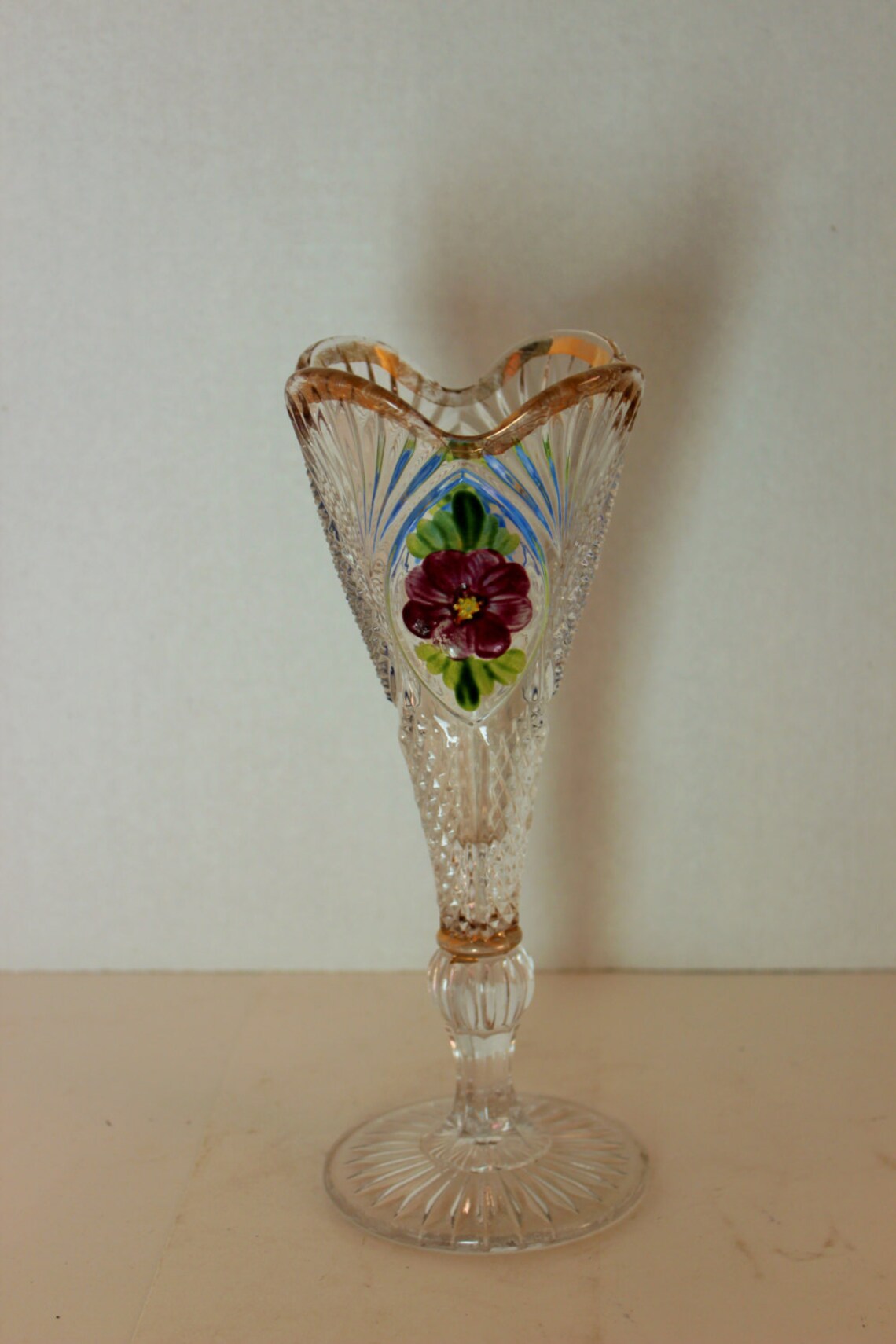 EAPG Gold Scalloped Vase With Blue & Pink Flowers, sunk Daisy Pattern ...