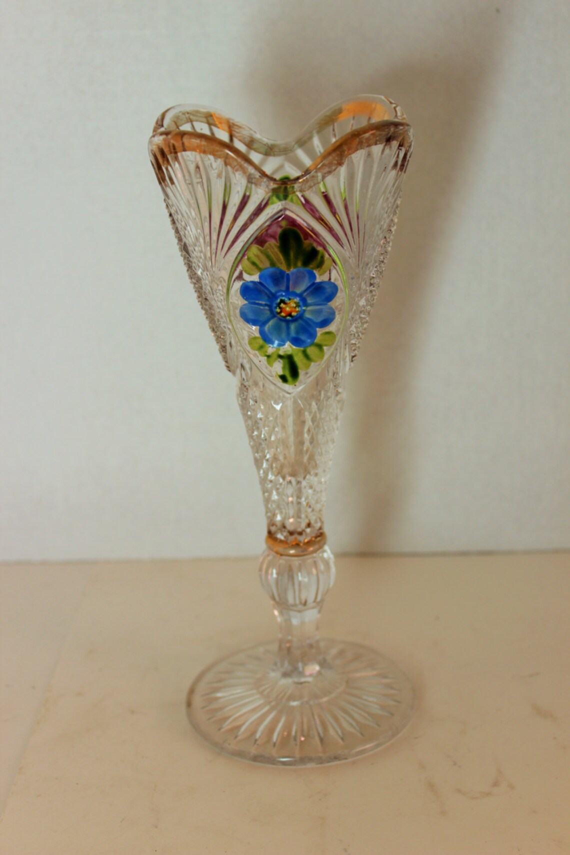 EAPG Gold Scalloped Vase With Blue & Pink Flowers, sunk Daisy Pattern ...