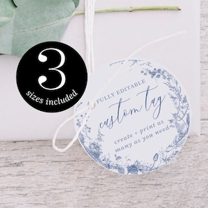 Editable Round Tags Template, Circle Favor Tags, Vintage Floral, Blue ...