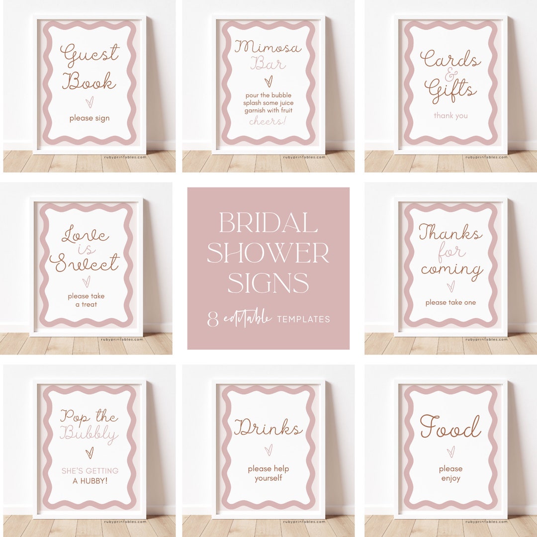 8 Editable Signs Template, Pink Wavy Curly Border, Dusty Pink Bridal ...