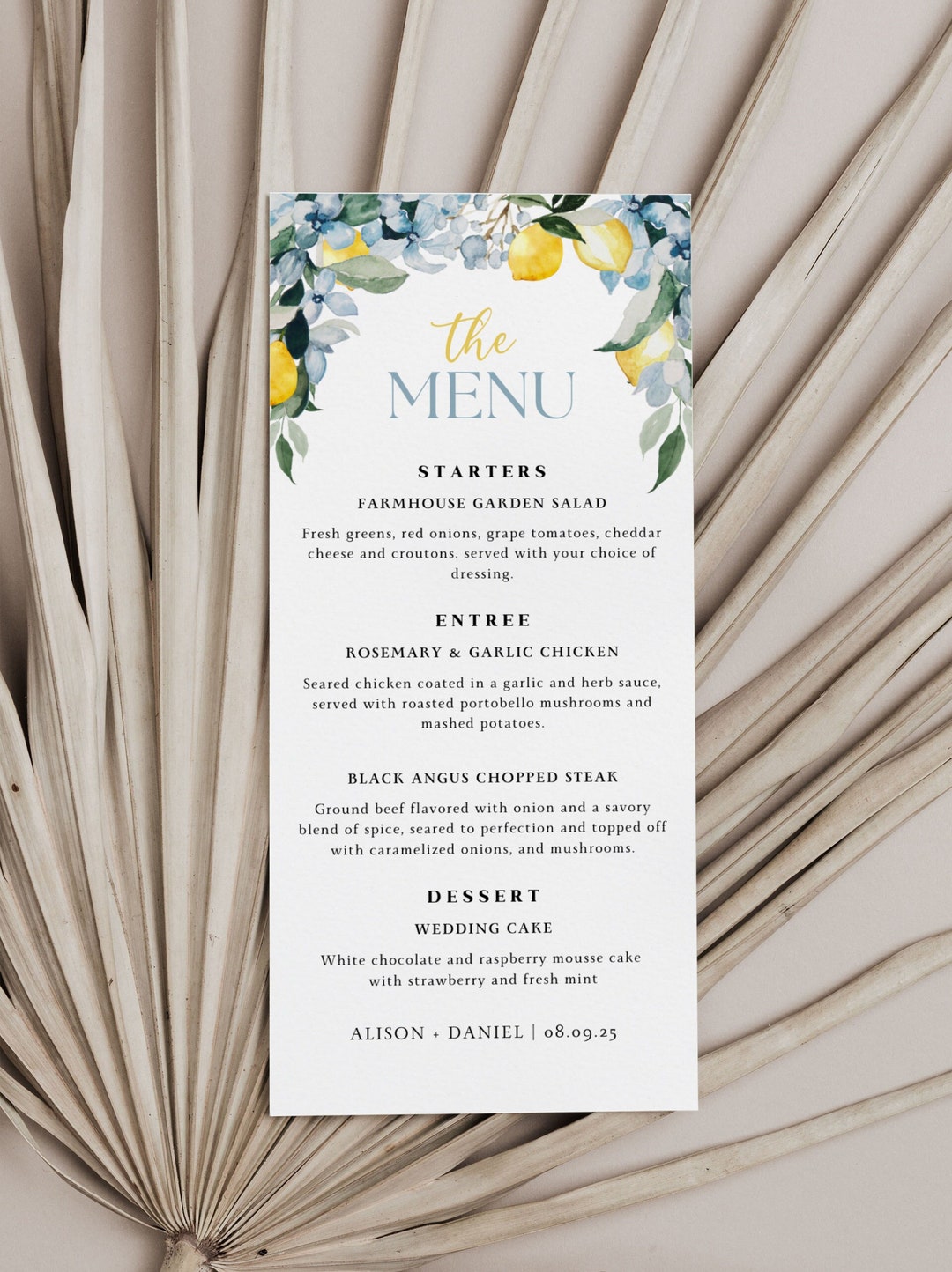 Lemon Wedding Menu Template, Blue Flowers, Editable Citrus Dinner Menu ...