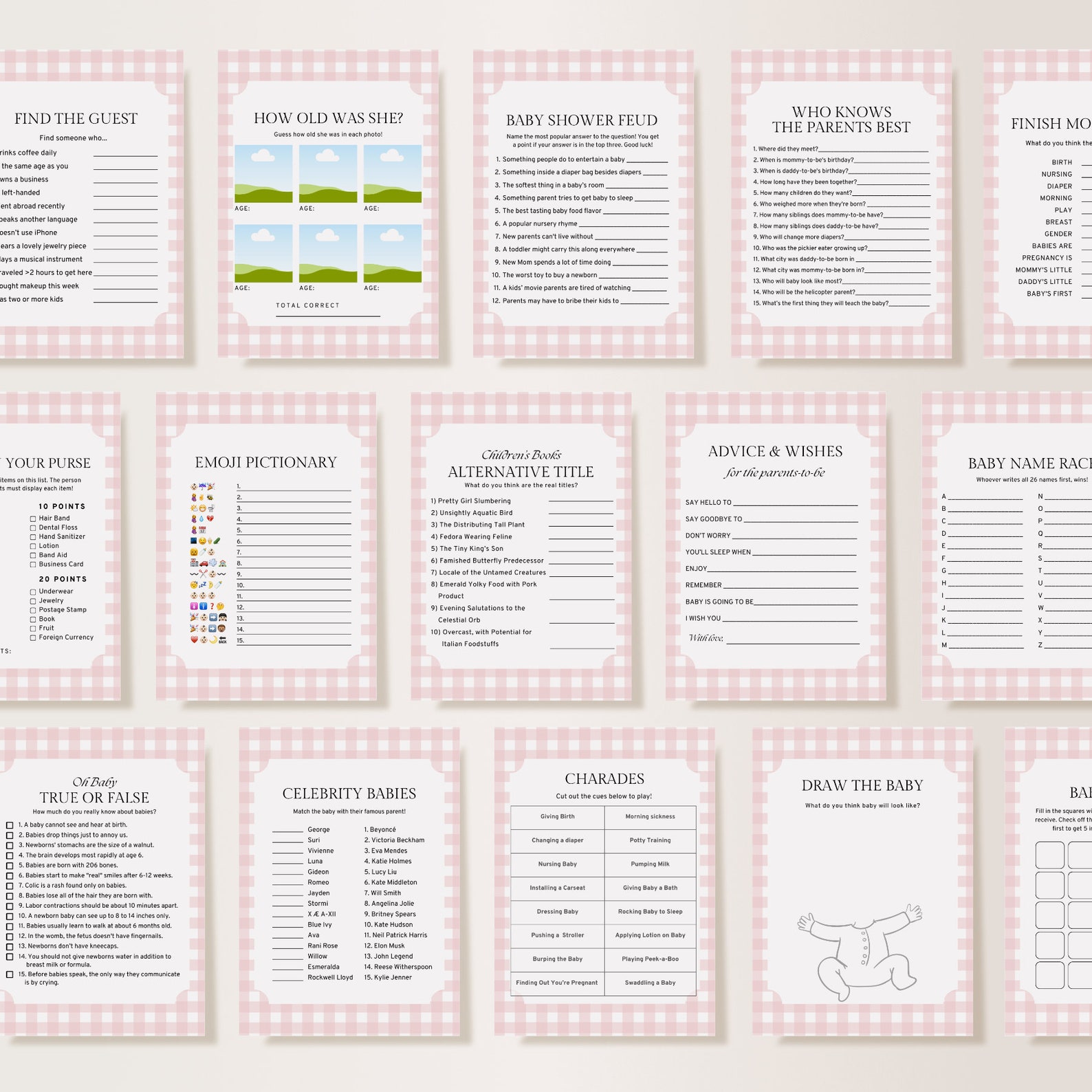 Editable Baby Shower Games Bundle, Pink Gingham, Fun Printable Games ...
