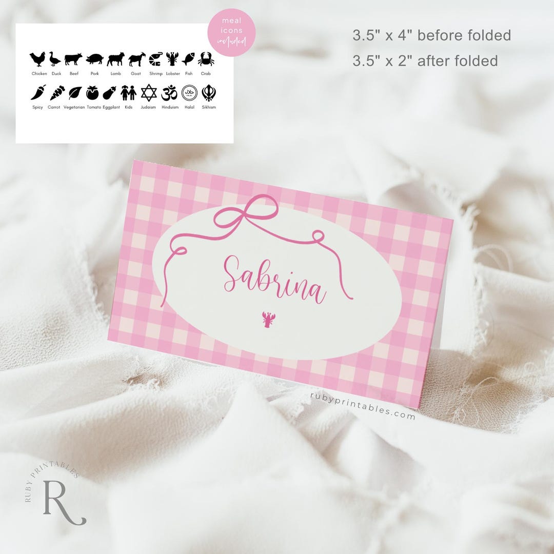 Place Card Editable Template Pink Bows Gingham, Name Card Table Decor ...