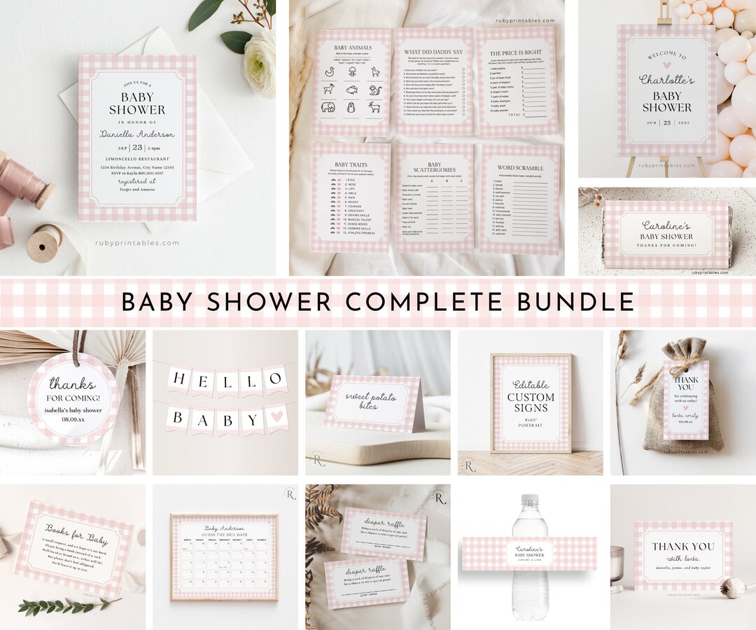 Pink Gingham Baby Shower Complete Bundle, Invitation Bundle, Editable ...