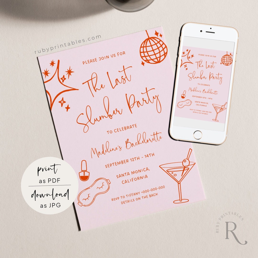 The Last Slumber Party, Handdrawn Bachelorette Weekend Invite Template ...