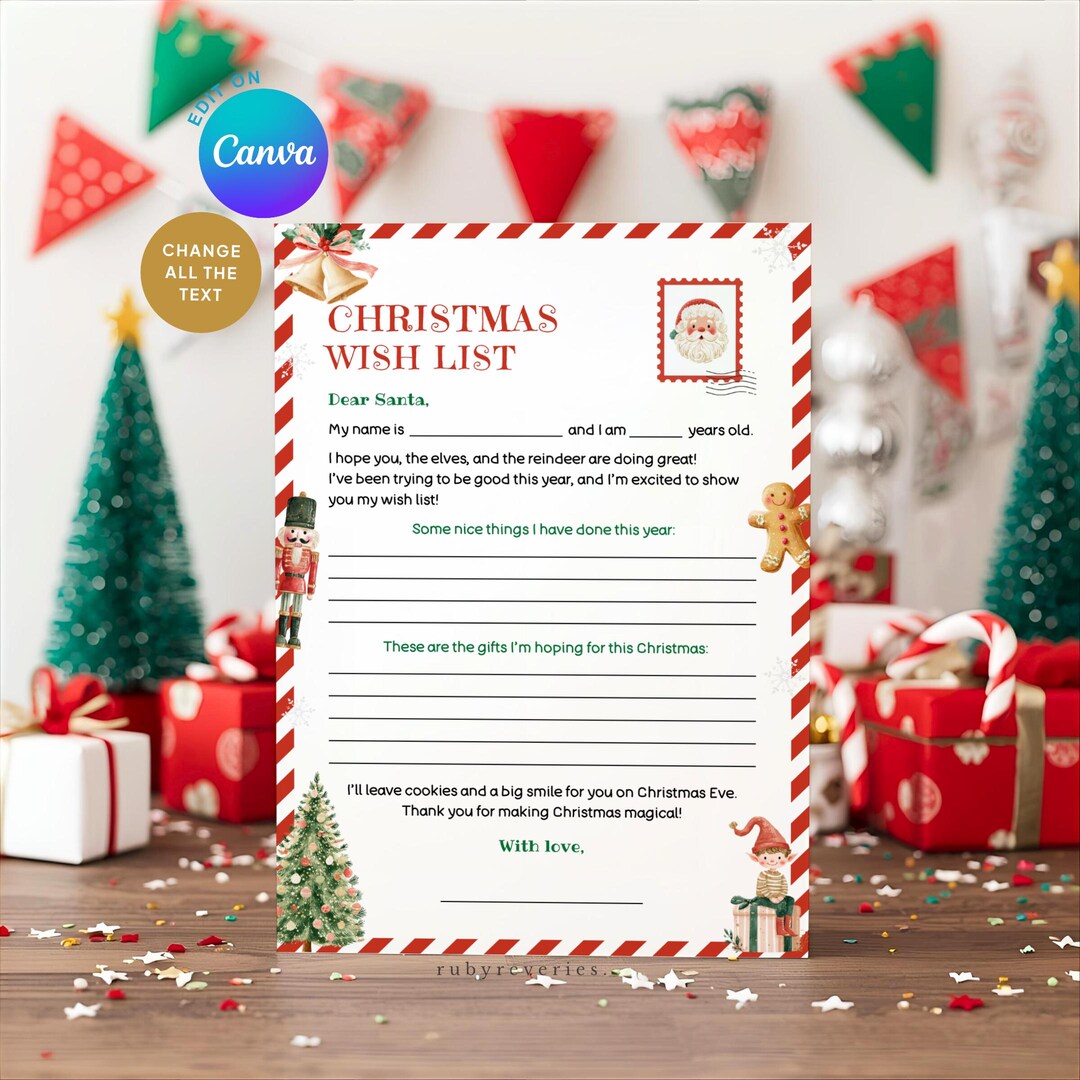 Editable Kids' Christmas Wish List, Dear Santa Letter Template (digital ...