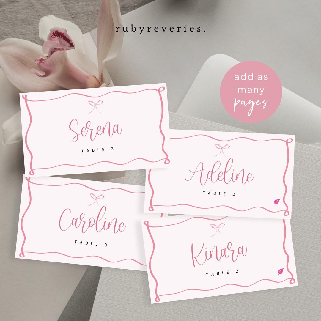 Place Cards Template Pink Bow Whimsical Editable Name Card, Bow Place ...