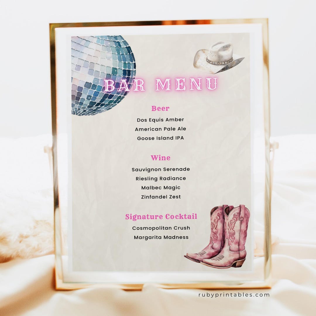 Drink Menu Disco Cowgirls Party Editable Template, Western Rodeo Bar ...