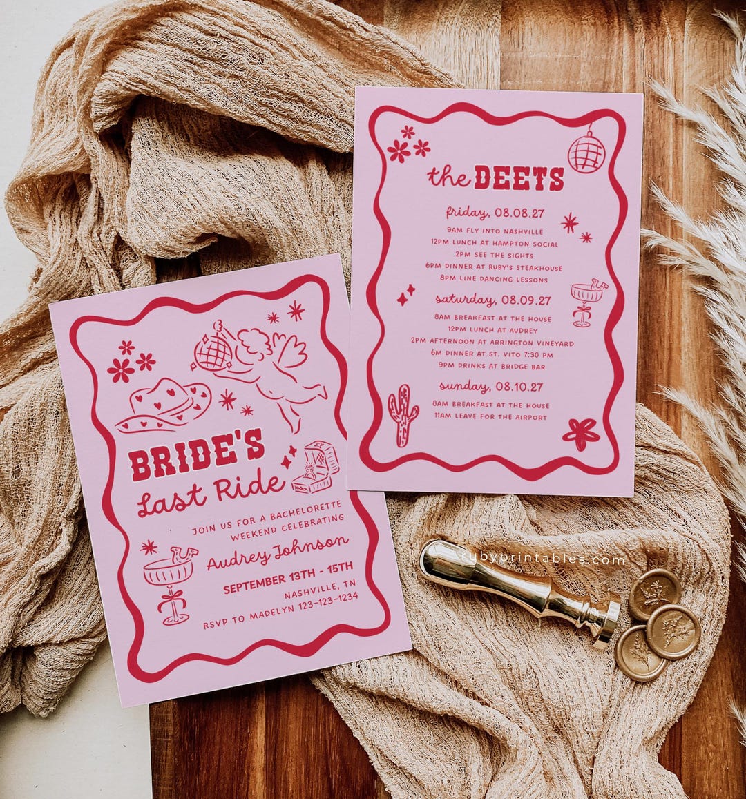Brides Last Ride Handdrawn Bachelorette Party Invitation and Itinerary ...