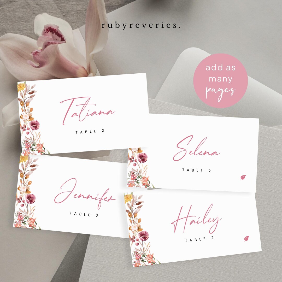 Wildflower Place Card Template: Editable Maroon Floral Design (digital ...