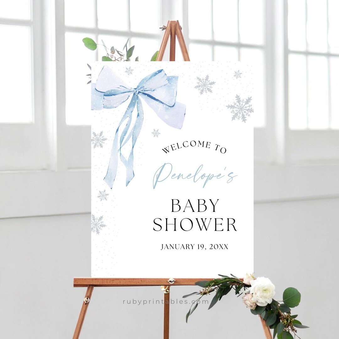 Editable Winter Baby Shower Welcome Sign, Blue Ribbon, Baby Shower ...