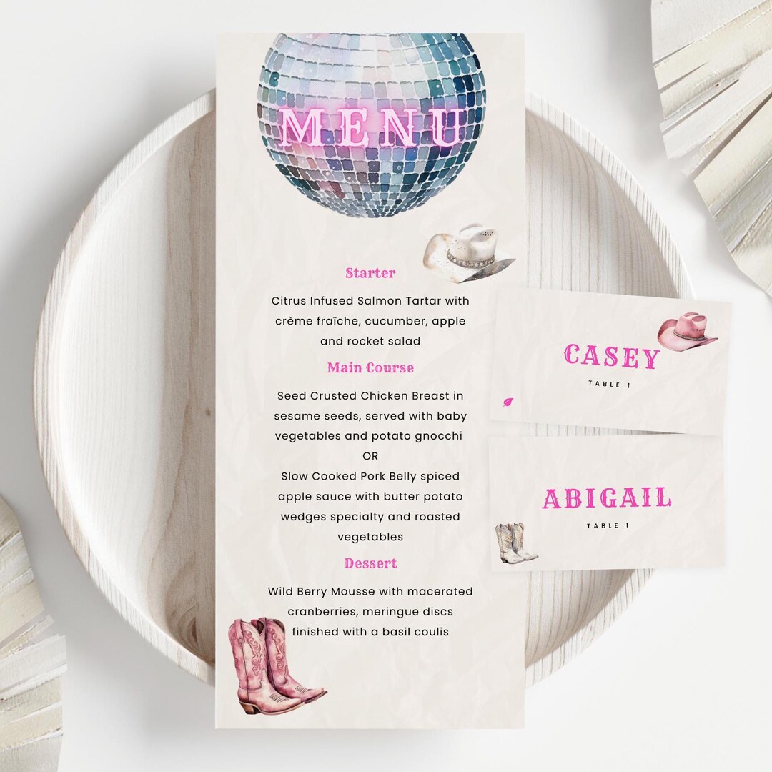 Cowgirl Disco Menu & Place Card Template: Western Rodeo Party (digital ...