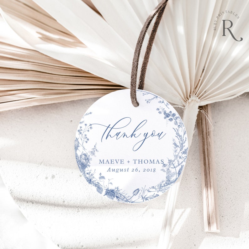 Editable Round Tags Template, Circle Favor Tags, Vintage Floral, Blue ...