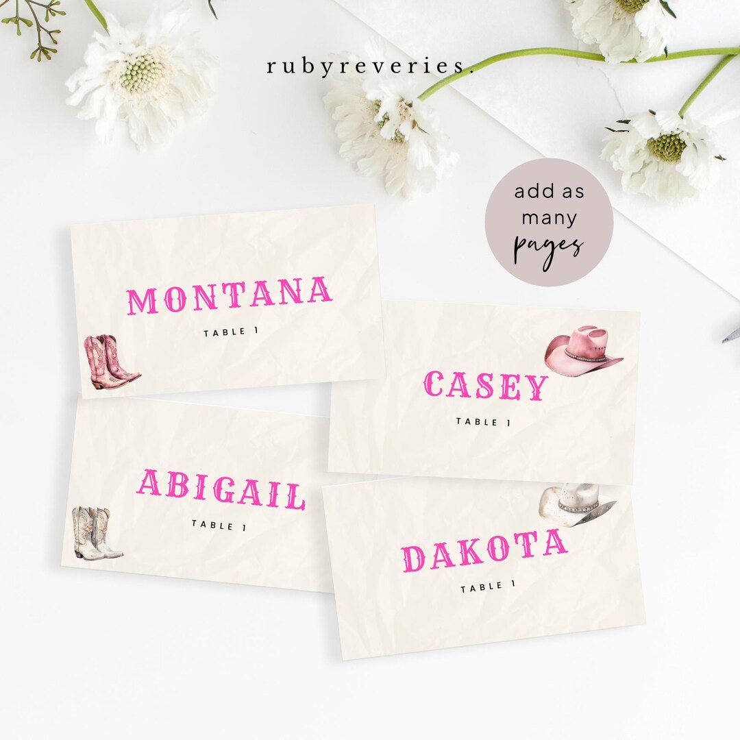 Cowgirl Party Place Card Template: Western Rodeo Birthday (editable ...