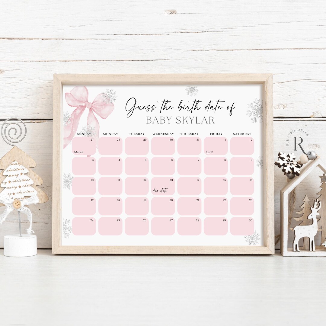 Coquette Pink Bow Due Date Calendar: Baby Shower Guessing Game ...