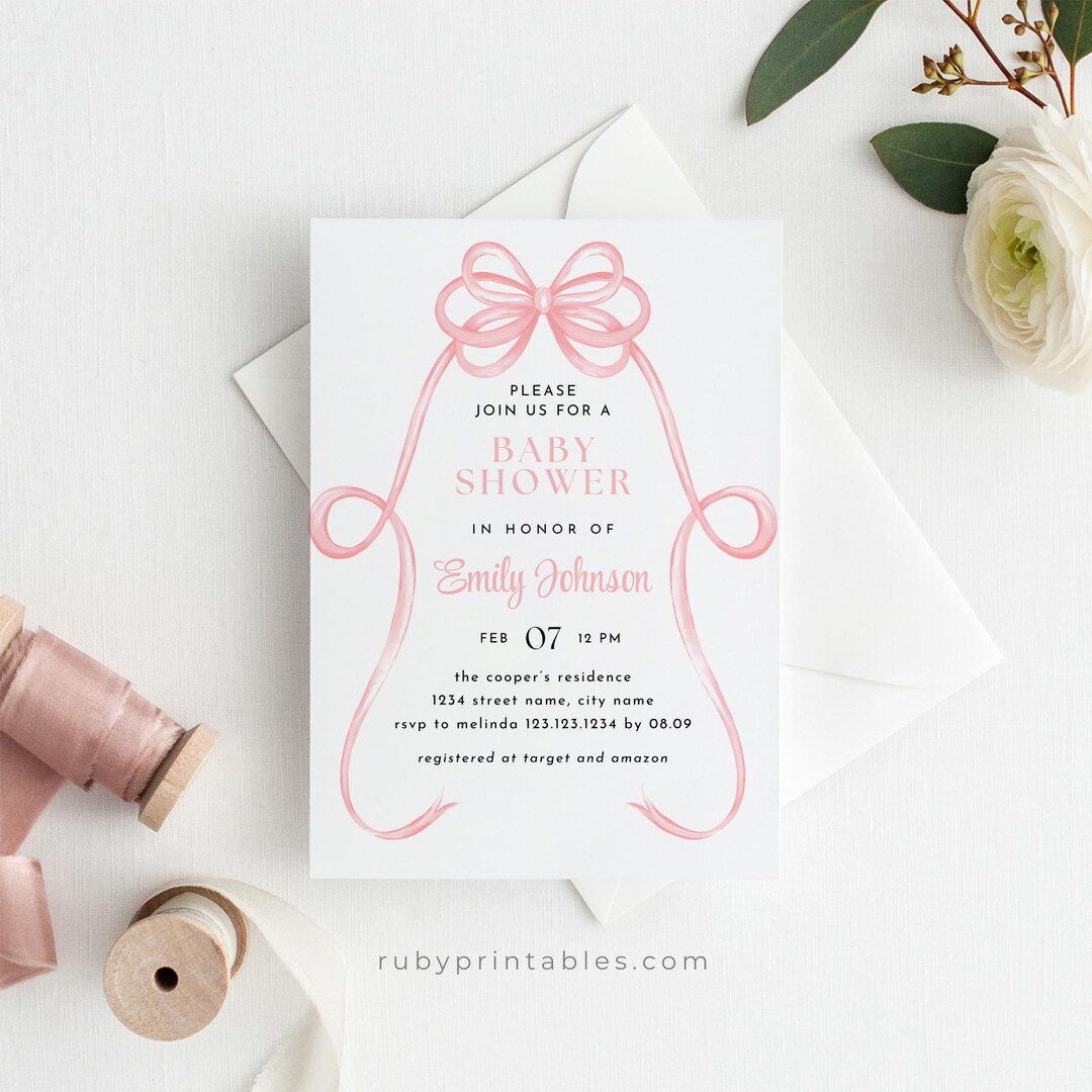 Pink Bow Baby Shower Invite, Girl Baby Shower, Pink Ribbon, Sweet Baby ...