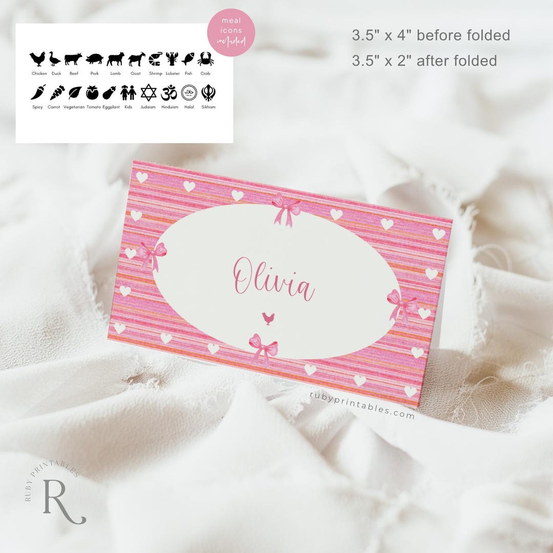 Editable Place Card Template Pink Bows Coquette, Name Card Table Decor ...