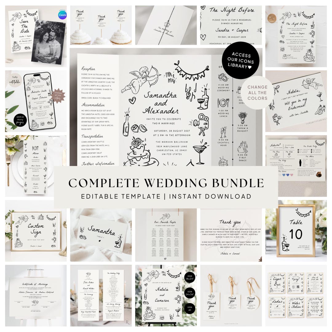 Hand-drawn Wedding Invitation Signs Bundle: Artsy Whimsical Stationery ...