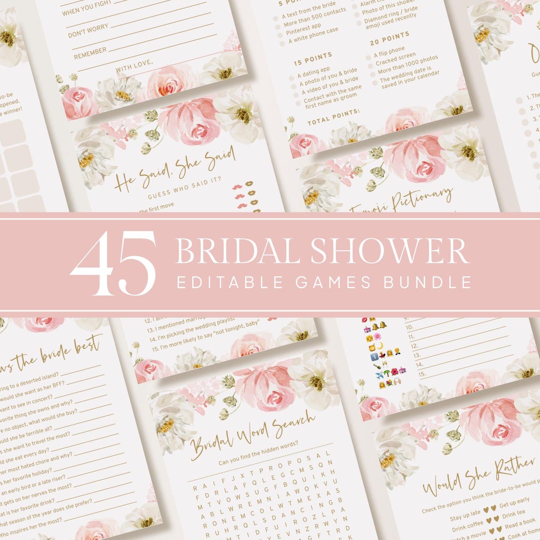 Blush Pink Floral Bridal Shower Games Bundle: 45 Editable Templates ...