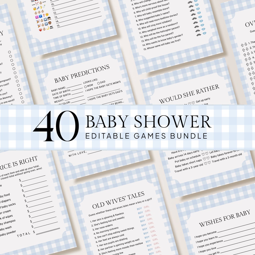 Editable Baby Shower Games Bundle, Blue Gingham, Fun Printable Games ...