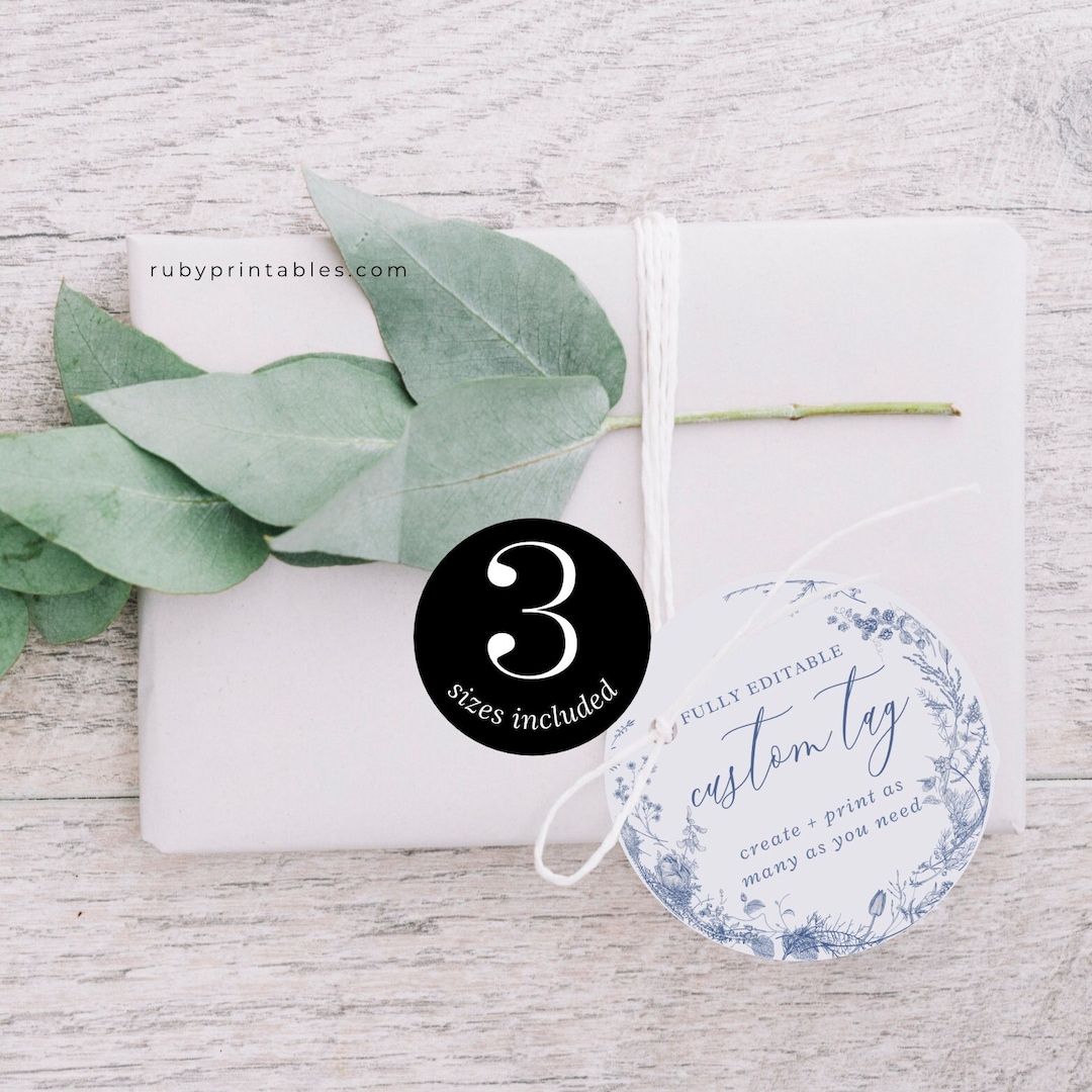 Editable Round Tags Template, Circle Favor Tags, Vintage Floral, Blue ...