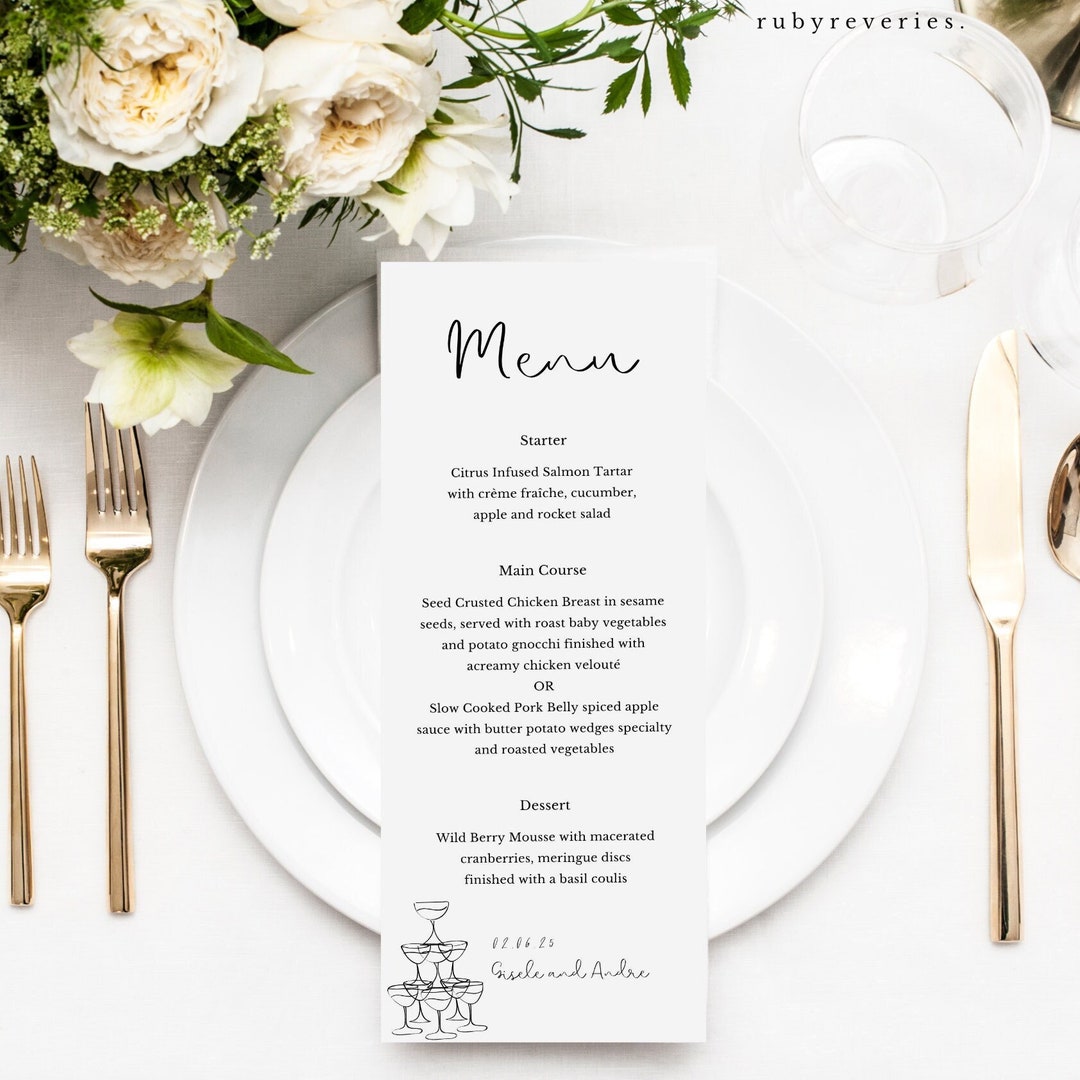 Editable Menu Party, Menu Template Modern Elegant Lunch Champagne Tower ...