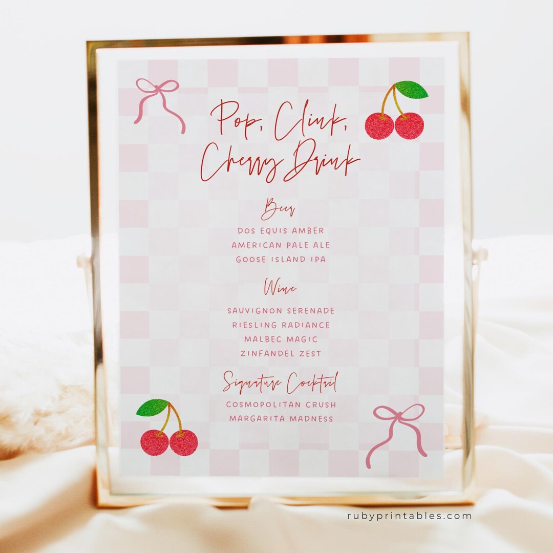Coquette Bridal Shower Bar Menu Template: Pink Cherry Design (5x7 ...