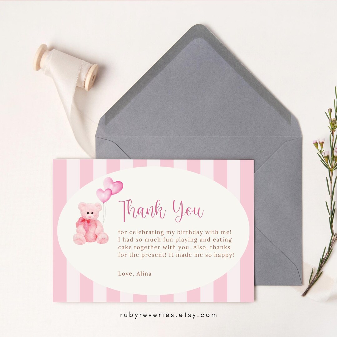 Thank You Card Editable Template, Pink Stripes Teddy Bear Party Decor ...