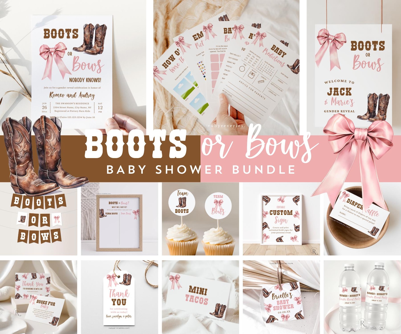 Boots or Bows Gender Reveal Bundle: Baby Shower Invitation, Games ...
