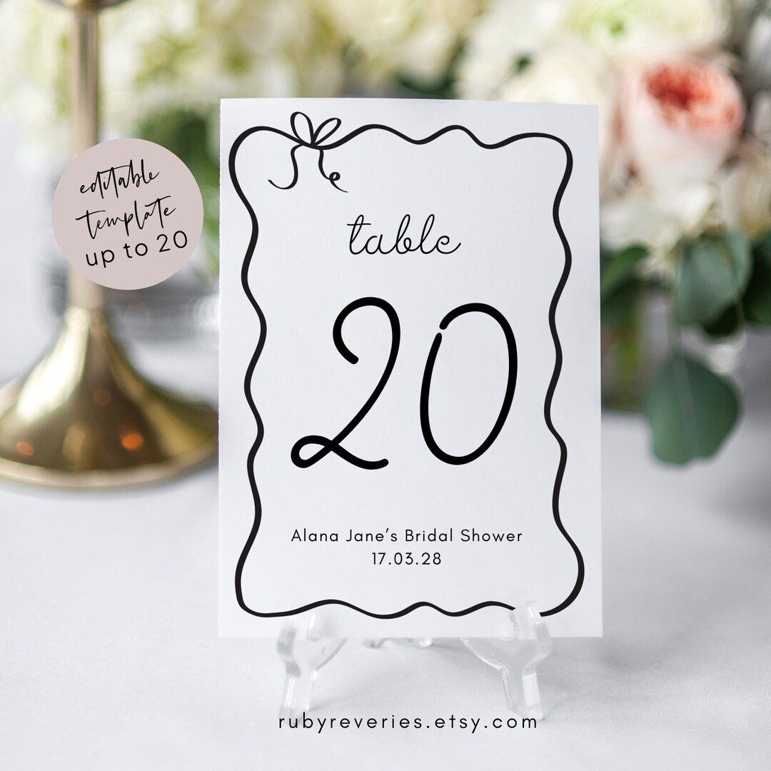 Editable Table Number Card Template, Curve Wavy Table Number, Bridal ...