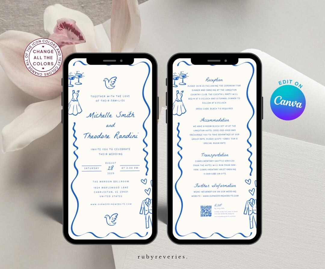 Wavy Wedding Invitation Template: Editable Elopement Invite (canva) - Etsy