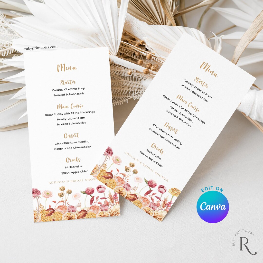 Wildflower Menu Template: Rustic Floral Bridal Shower, Fall Party ...