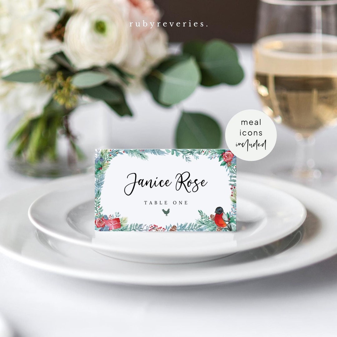 Greenery Floral Place Cards Template: Bird & Wildflower Design (digital ...
