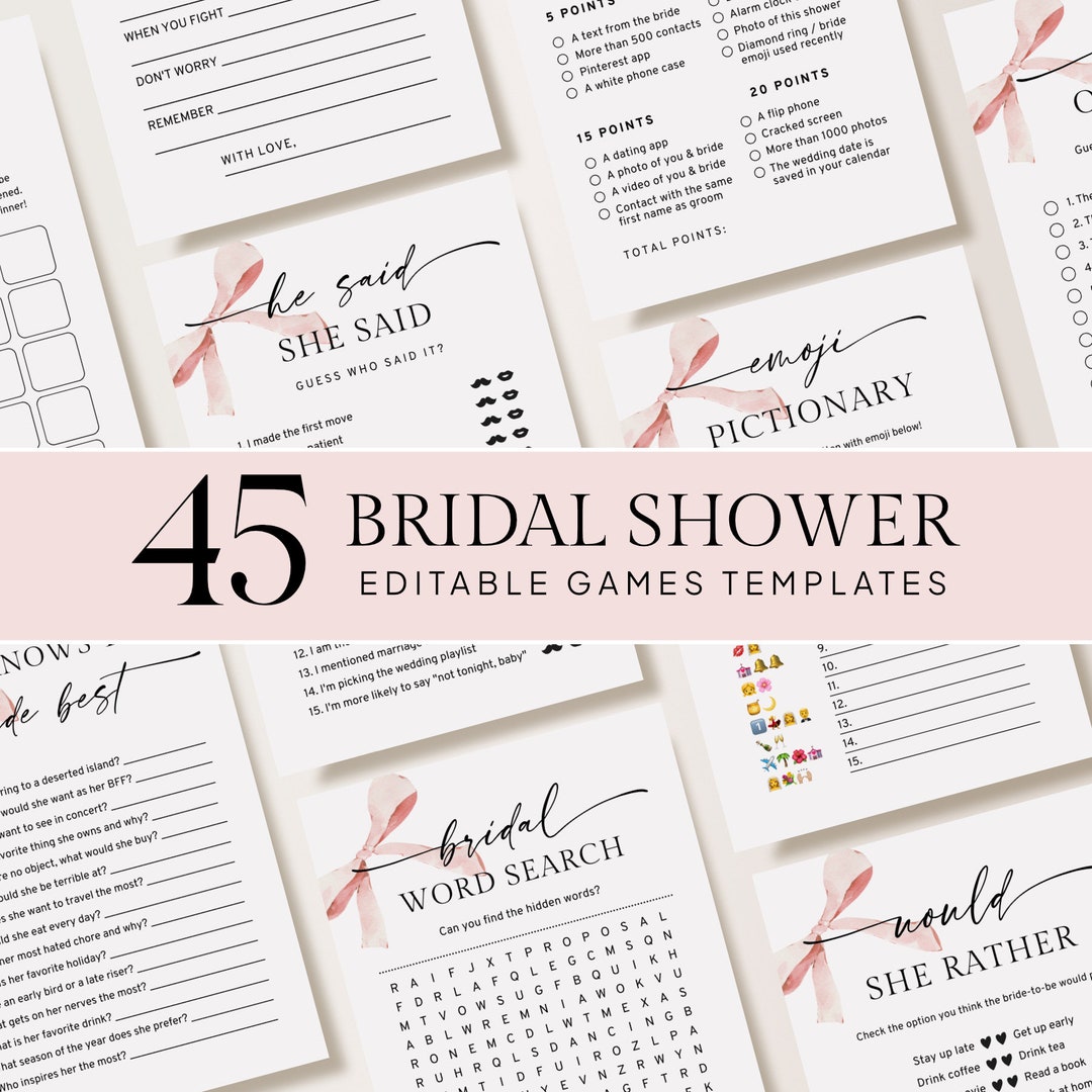 Pink Bow Bridal Shower Games Bundle: 45 Editable Templates (digital ...