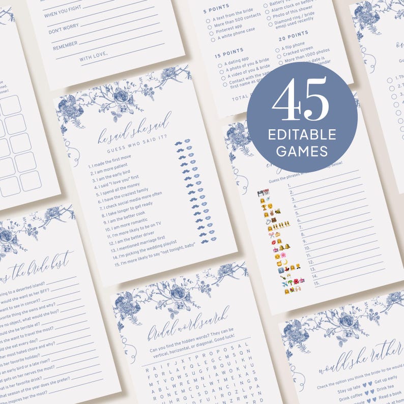 Vintage Blue Floral Bridal Shower Games Bundle (digital Download) - Etsy