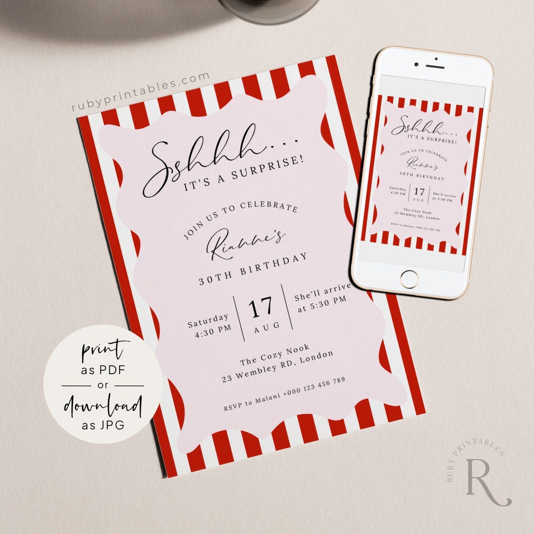Surprise Birthday Party Invitation: Red Stripe, Fun Design (editable ...
