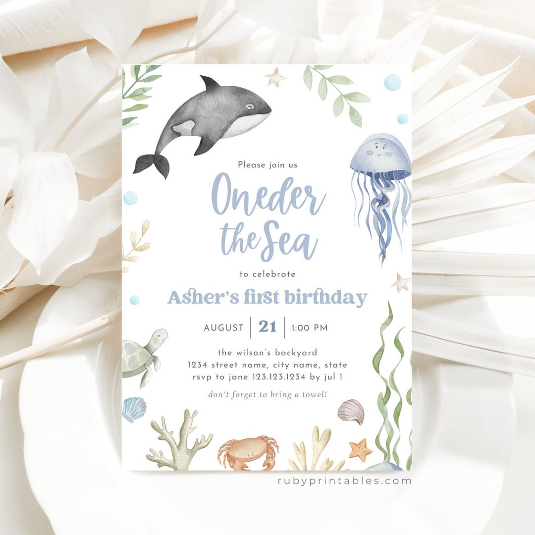Editable Oneder the Sea First Birthday Invitation, 1st Birthday, Ocean ...