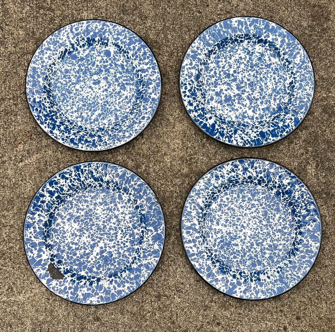 Set of 4 Vintage Blue & White Swirl Enamelware Graniteware 10" Dinner ...