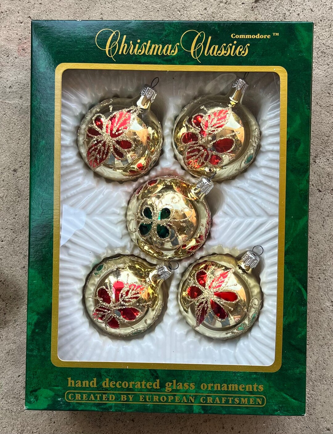 Set of 5 Gold With Red & Green Flowers Commodore Christmas Tree ...