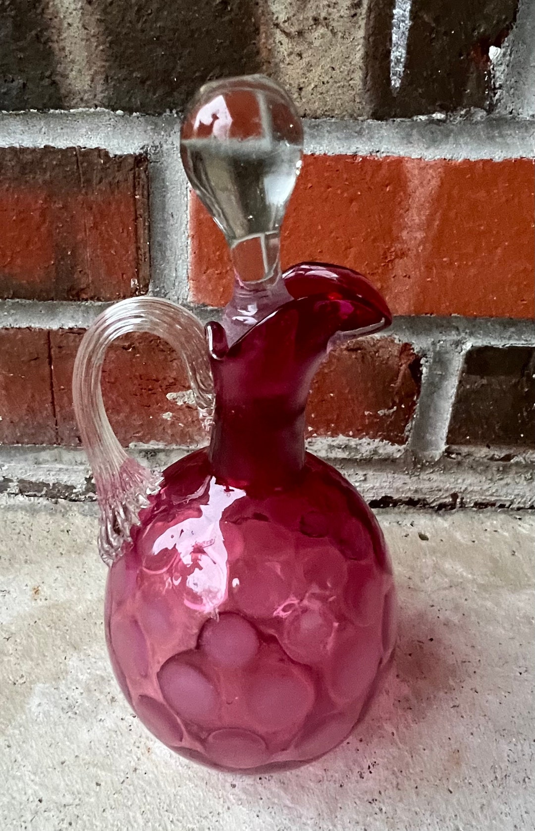 Vintage 7 1/2” Cranberry Coin Dot Dot Optic Thumbprint Art Glass Cruet ...