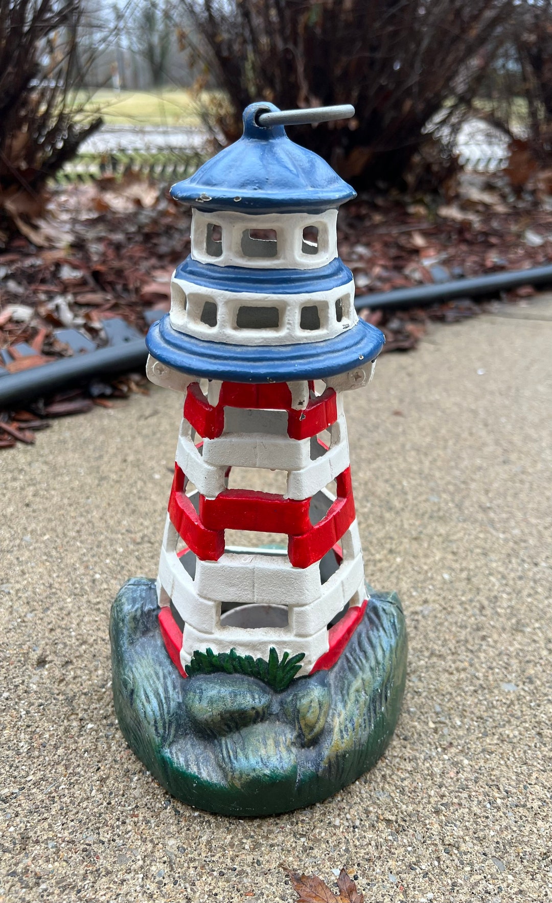Vintage Cast Iron Red White & Blue Lighthouse Candle Lantern L0123C75 ...