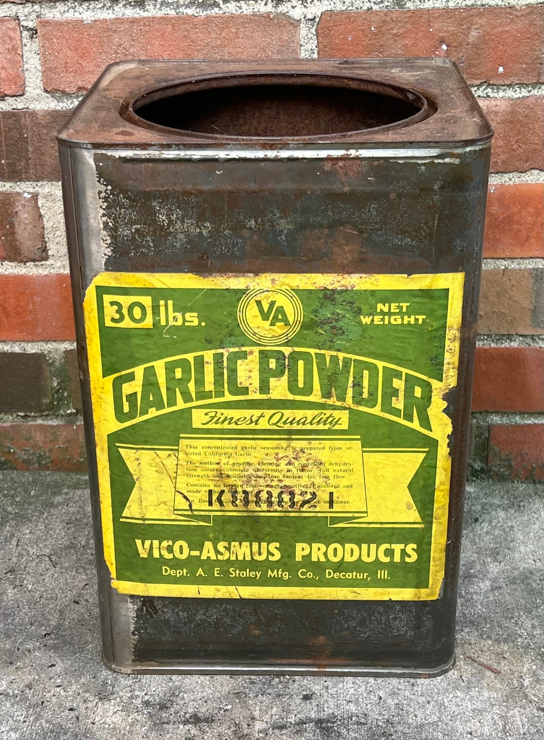 Huge Vintage 30lb VA Garlic Powder Tin Vico-asmus Products AE Staley ...