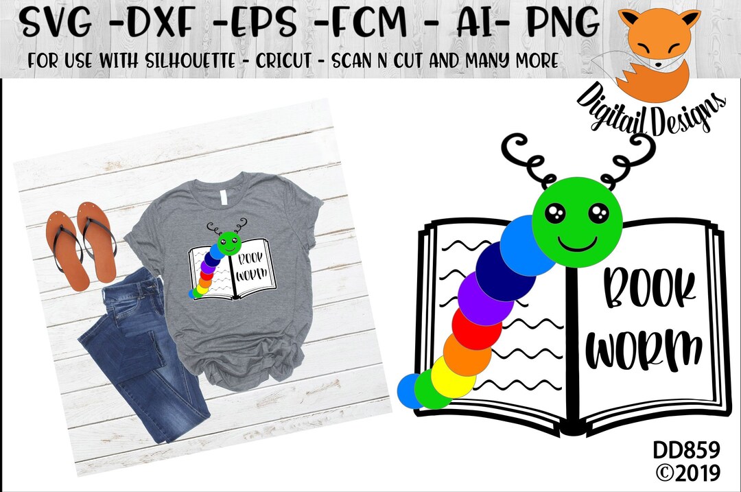 Book Worm SVG - Png - Dxf - Eps - Fcm - Ai - Silhouette - Cricut ...