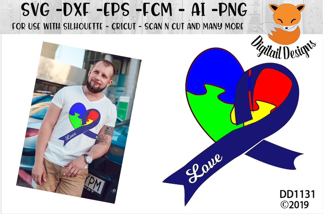 Autism Awareness Heart and Ribbon SVG png Dxf Eps Fcm Ai Cut File ...