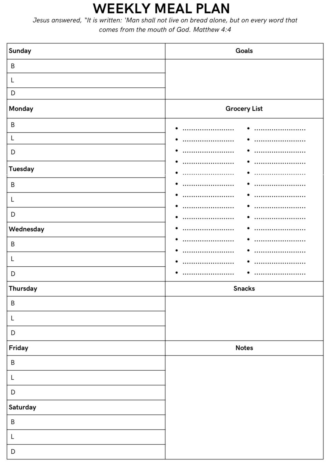 Weekly Meal Plan Weekly Meal Chart Mess as L Planner - Etsy