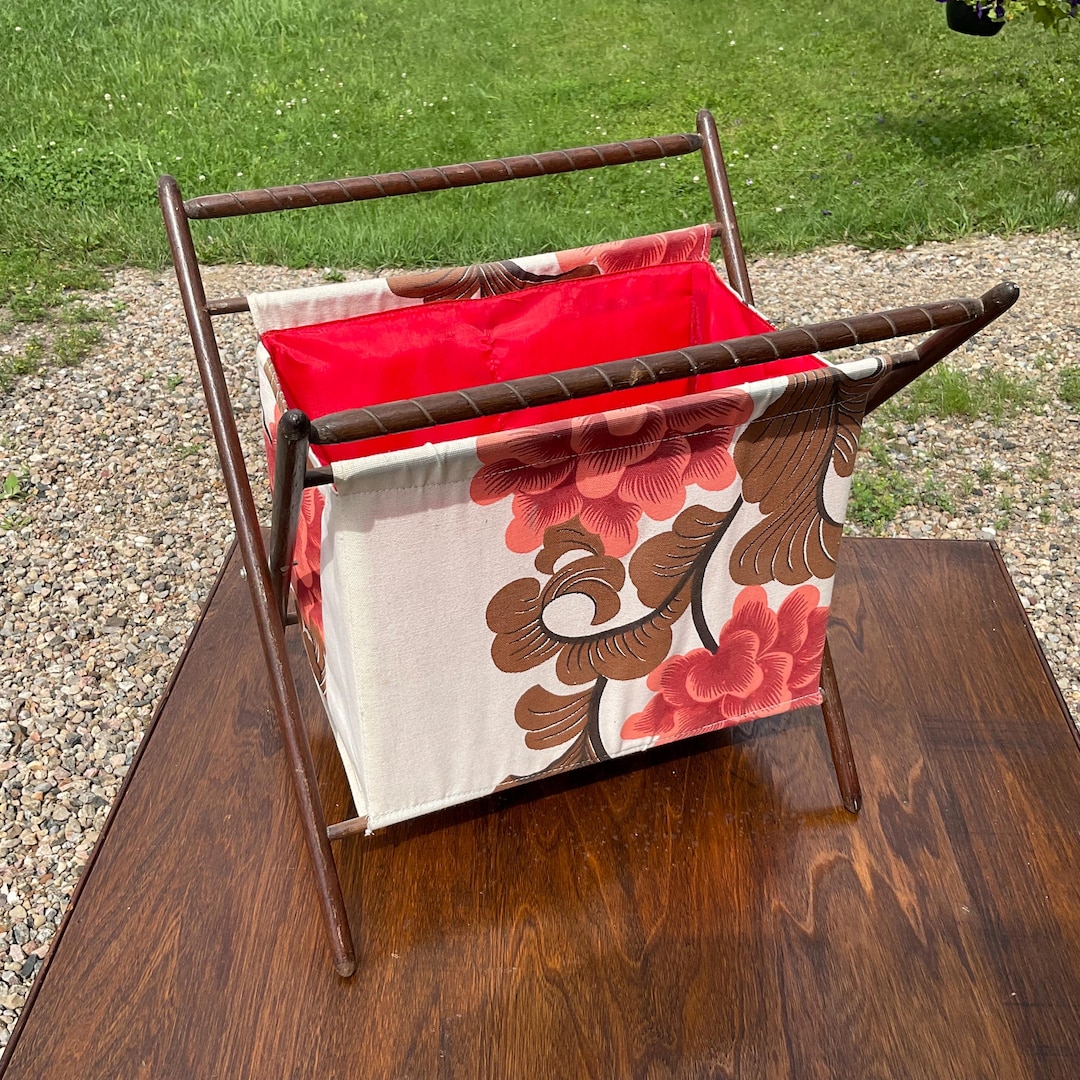 Knitting Basket Vintage Yarn Caddy Project Bag With Wooden Frame ...