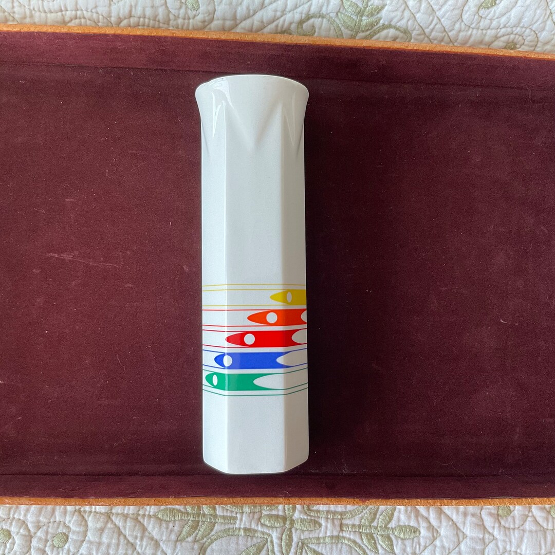 Rainbow Stripes Vase Marked FTDA Japan 1986 Porcelain Ceramic White ...