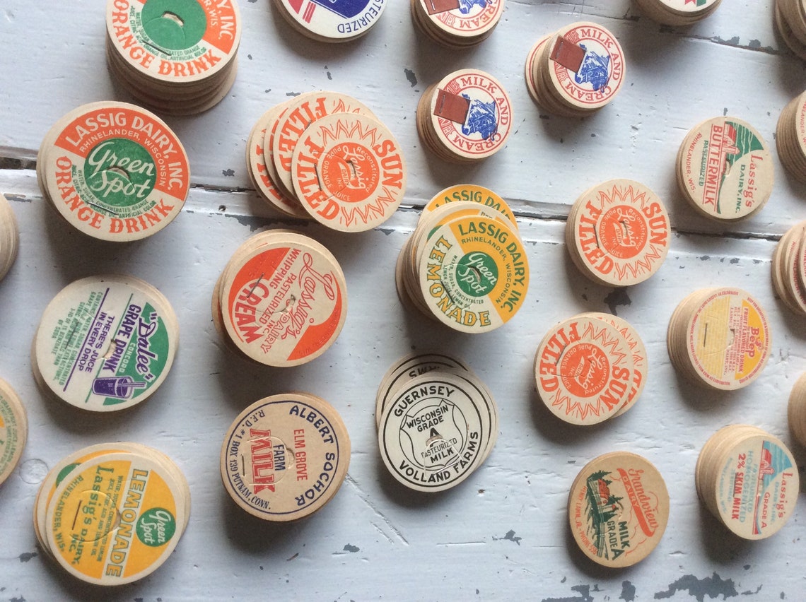 Milk caps 20 genuine vintage paper milk top pogs with dairy | Etsy