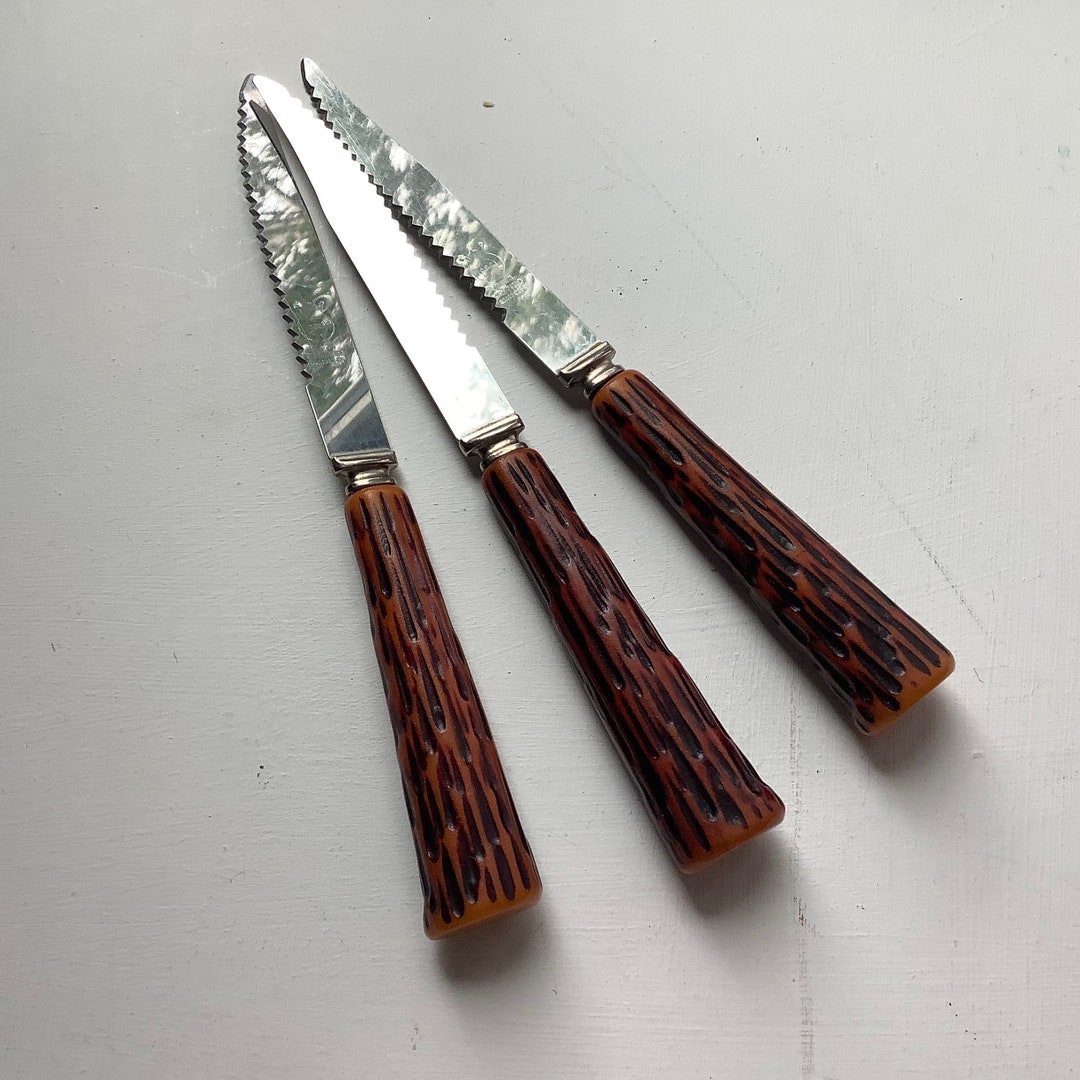 Bakelite Handle Steak Knives Faux Horn Antler Carved Texture Brown Red ...